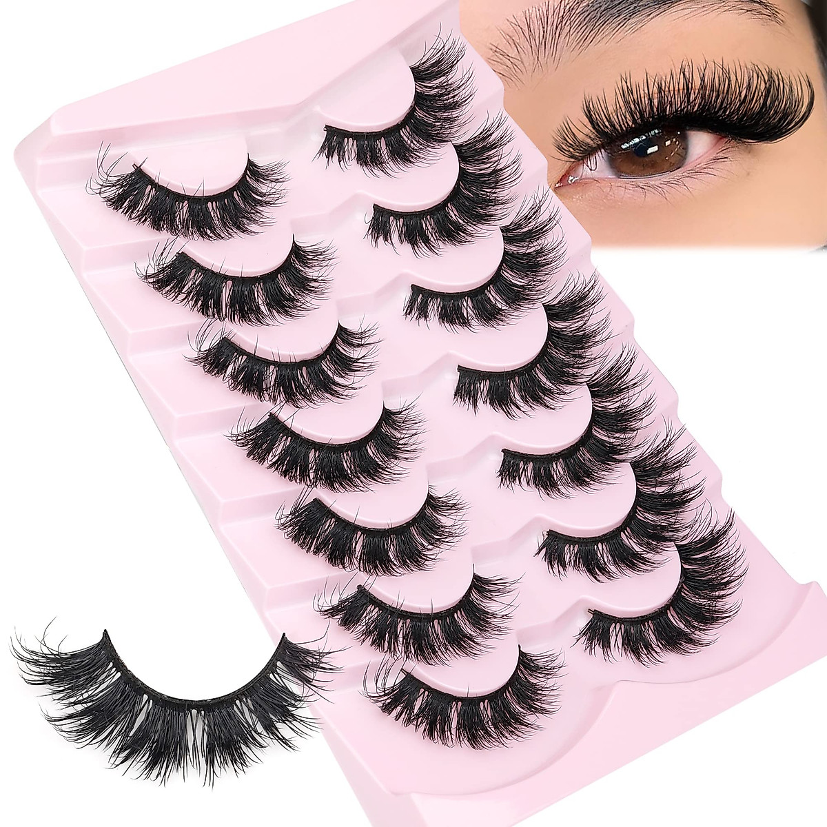 JIMIRE Mink Lashes Natural Look Silk False Eyelashes Fluffy Cat Eye 6D Wispy Faux Mink Lashes Flat Soft Strips 15MM Fake Lashes 7 Pairs Pack