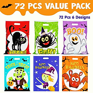 JOYIN 72 PCS Halloween Candy Bag for Trick or Treat, Halloween Treat Bags with 6 Designed Characters, Halloween Plastic Goodie Gift Bags for Party Favors Party Supplies