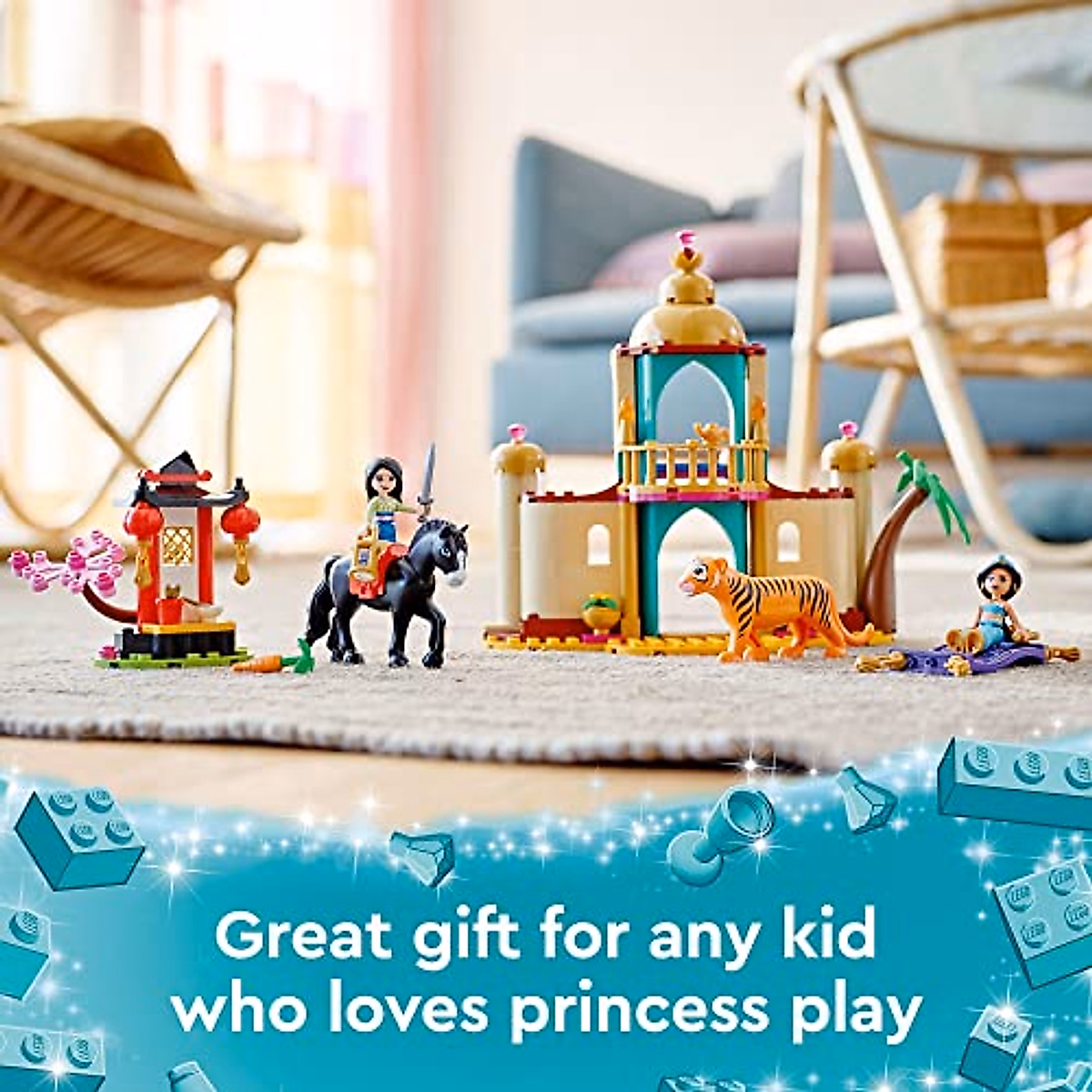 LEGO Disney Princess Jasmine and Mulan Adventure 43208 Palace Set, Aladdin & Mulan Buildable Toy with Horse and Tiger Figures, Gifts for Kids, Girls & Boys