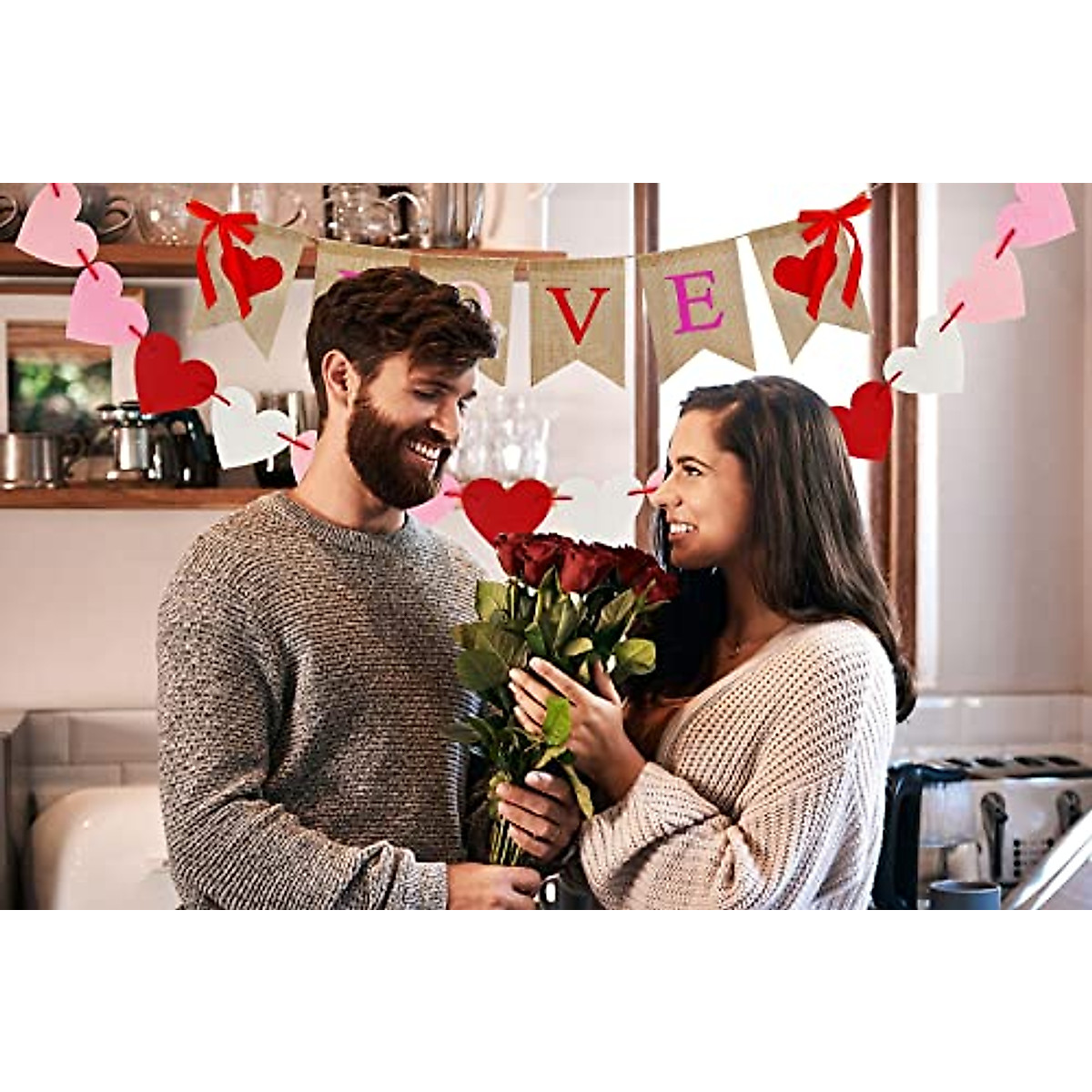 Valentines Day Decor, Love Burlap Banner Valentines Decorations 28 Pcs Felt Heart Garland Banner Hanging Heart Garland Rustic Valentine Décor for Home Mantle Fireplace Wall