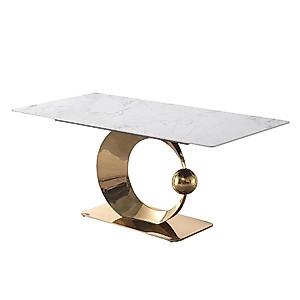 Voohek, Gold 71" Modern Sintered Stone Rectangular Dining Table with Unique C-Shaped Striped Pedestal Base and Anti-Collision Rounded Corner Design, for 6-8 People