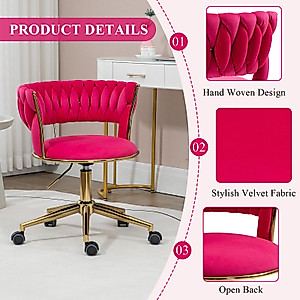 Allnifurv Home Office Chair with Hand Woven, Velvet Upholstered Desk Chair with Open Back, 360° Swivel & Height Adjustable Task Chair, Ergonomic Office Chair with Gold Base (Rose Red)