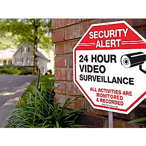 (4 Pack) "Security Alert, 24 Hour Video Surveillance, All Activities Monitored" Signs,10x10 Inches .040 Aluminum Reflective Warning Sign for Home Business CCTV Security Camera, Indoor or Outdoor Use