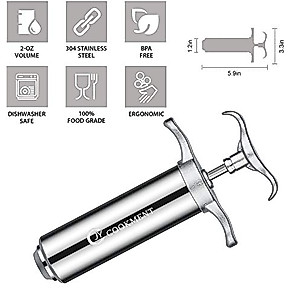 JY COOKMENT Meat Injector Syringe 2-oz Marinade Flavor Barrel 304 Stainless Steel with 3 Professional Needles 2 Cleaning Brushes and 4 Silicone O-Rings