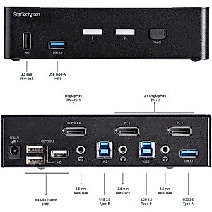 StarTech.com 2 Port DisplayPort KVM Switch - 4K 60Hz - Single Display - Dual Port UHD DP 1.2 USB KVM Switch with Integrated USB 3.0 Hub & Audio-Dell HP Apple Lenovo-TAA Compliant (SV231DPU34K), Black