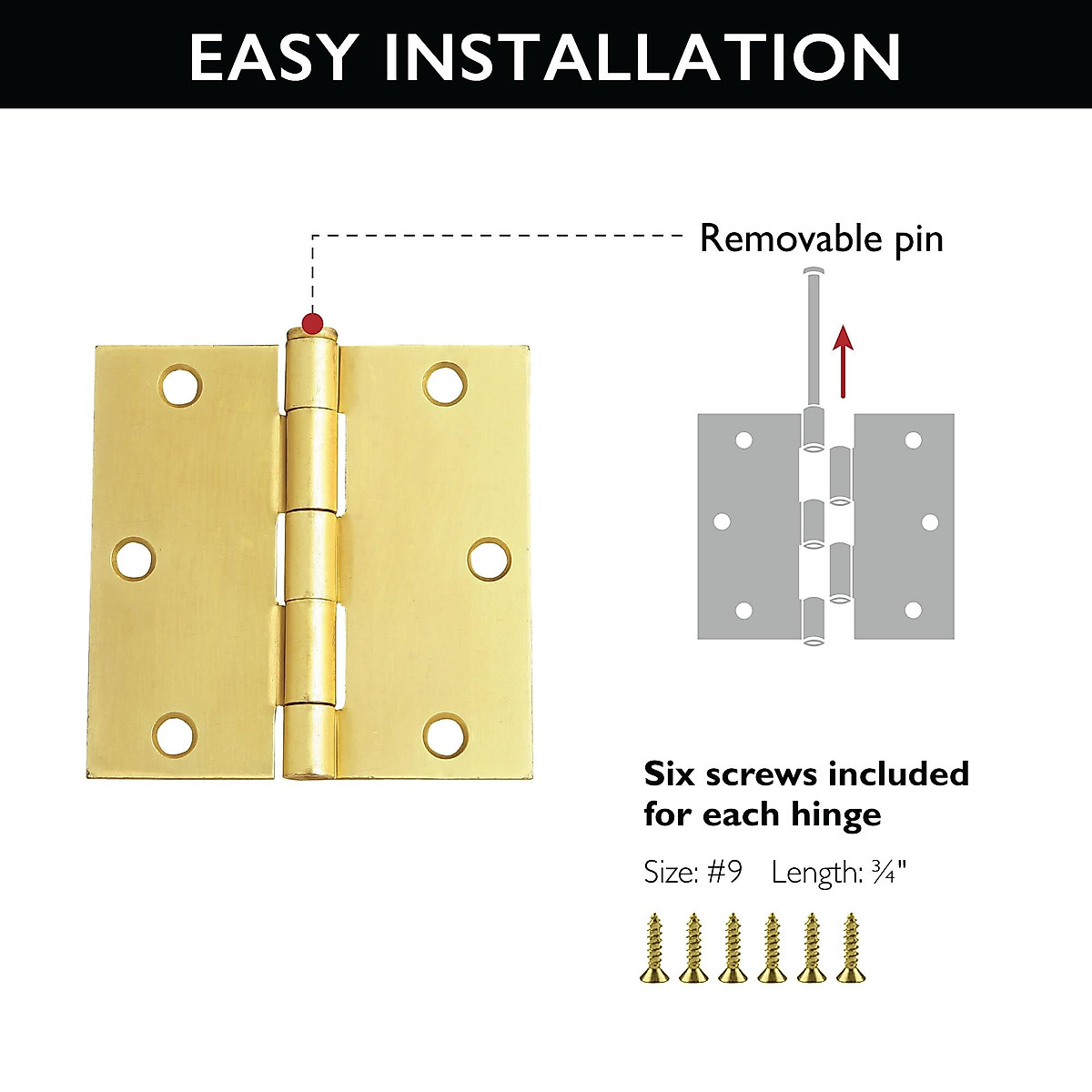 Design House 181461 Square Corner Steel Door Hinge Door Hardware Door Hinges Interior Doors, 3.5"x3.5", Satin Brass, 10-Pack