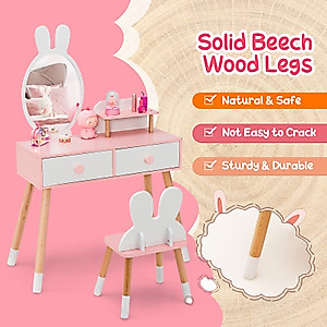 Costzon Kids Vanity Set, Girls Vanity Set with Mirror & Stool, 2 Large Drawers, Storage Shelf, Wooden Princess Makeup Dressing Table, Pretend Play Vanity Table Chair Set for Toddlers (White)