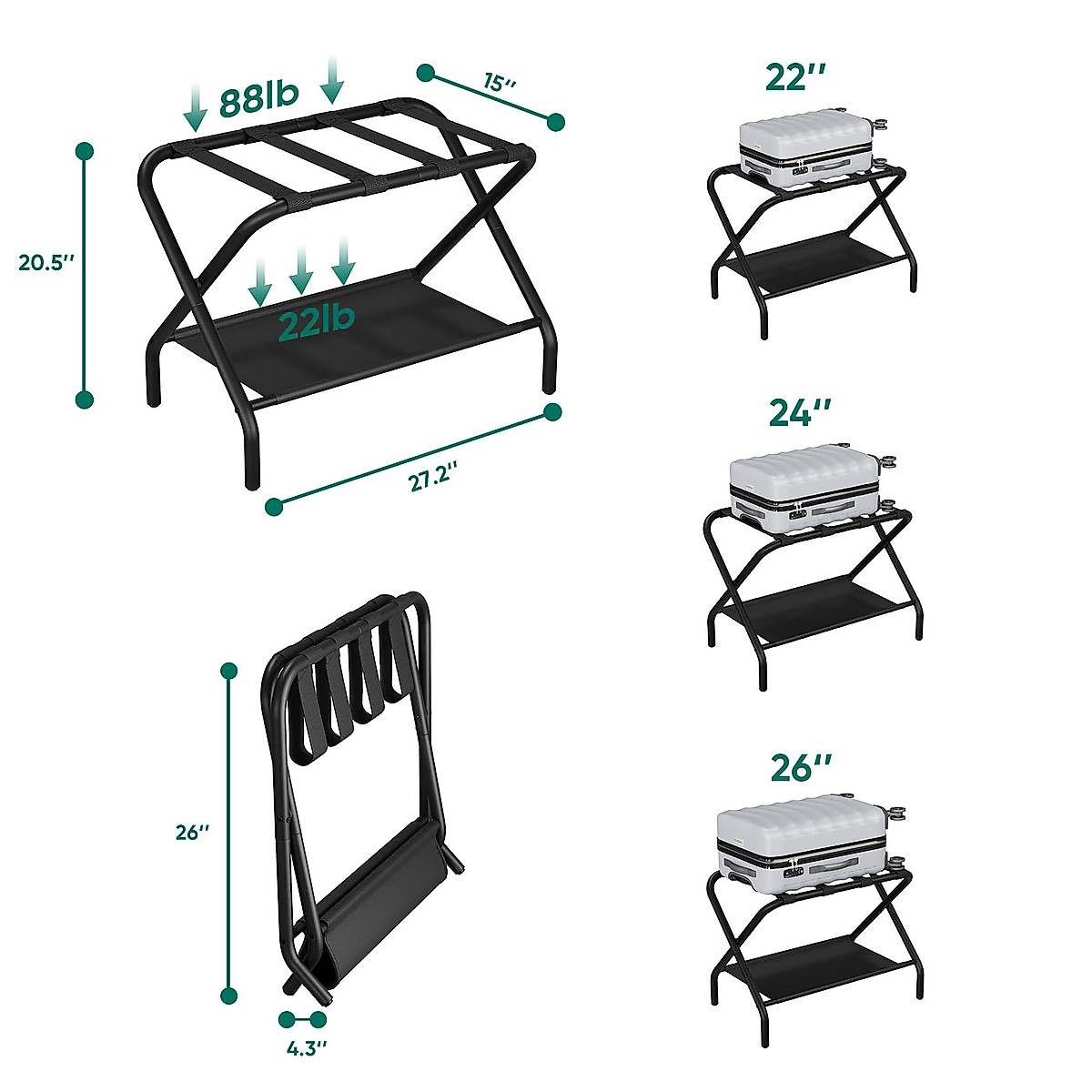 Smuxee Black Luggage Rack, Foldable Suitcase Stand with Fabric Storage Shelf, Luggage Holder with 4 Nylon Straps for Guest Room Bedroom Hotel