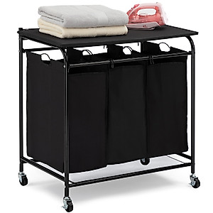 HollyHOME Rectangular Laundry Sorter with Folding Ironing Board, 3-Section Laundry Basket Sorter with Lockable Wheels for Laundry Bedroom Bathroom Living Room Black