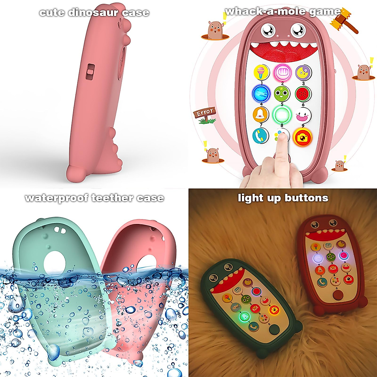 Baby Dinosaur Cell Phone Toy Removable Soft Teether Case, Lights, Music & Adjustable Volume Kids Play & Learn Pretend Phone Infant Toddler, Preschool Holiday Birthday Gift Girl Boy 18 Months (Brown)