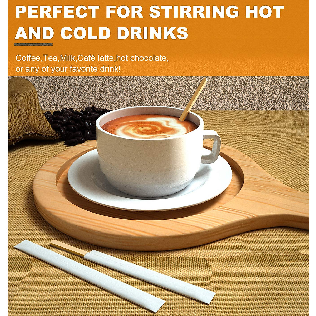 Amkoskr 1000Pcs Disposable Wood Coffee Stir Sticks Stirrers Individually Paper Wrapped Coffee Tea Beverage Stirrers Stirrings 5.5 Inch,140mm
