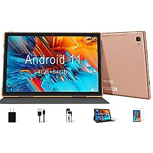 YESTEL Tablet 10" Android 11 Ultra-Strong Tablets Octa-Core Processor | 4GB RAM 64GB ROM(Up to 256GB) | IPS HD Display | Dual Camera(5.0MP+8.0MP) | Google GMS | Wi-Fi Bluetooth GPS - Gold