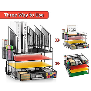 Marbrasse Desk Organizer with Drawer, 4-Tier Mesh Desk File Organizer with 5 Vertical File Holders and 2 Pen Holders, Multifunction Desktop Organizer,Desk Organizers and Accessories for Home Office