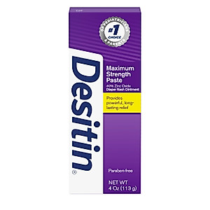 Desitin Maximum Strength Baby Diaper Rash Cream with 40% Zinc Oxide for Treatment, Relief & Prevention, Hypoallergenic, Phthalate- & Paraben-Free Paste, 4 oz