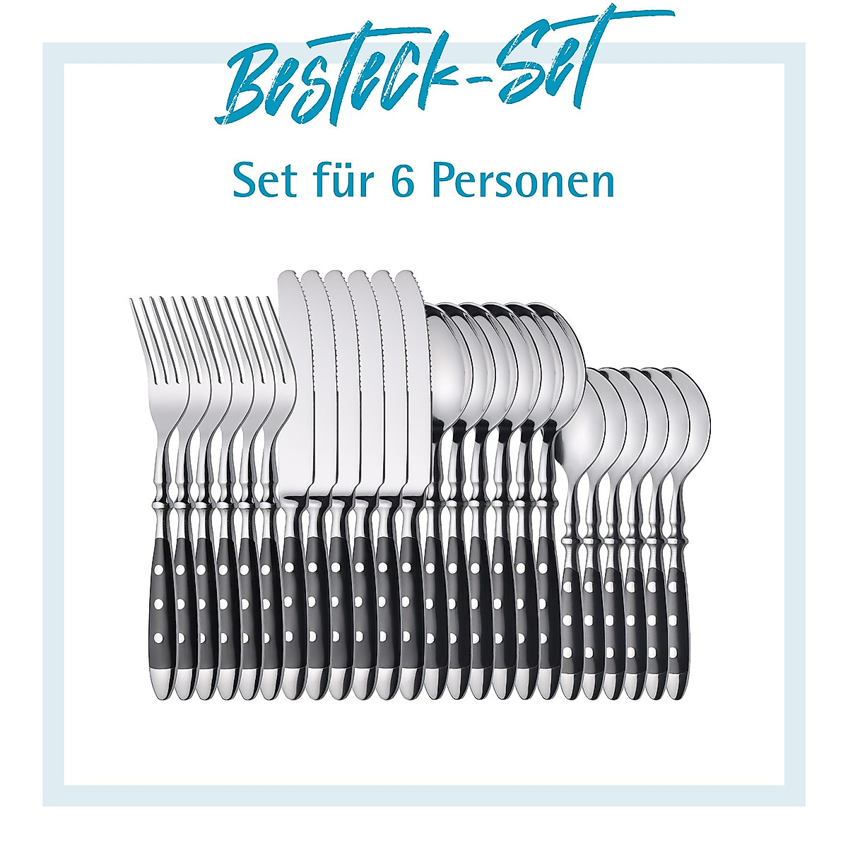 GRÄWE cutlery set for 6 persons made of stainless steel, Heavy, Rustic, Table cutlery set 24 pieces, Forged cutlery with black handles - Nuremberg Series