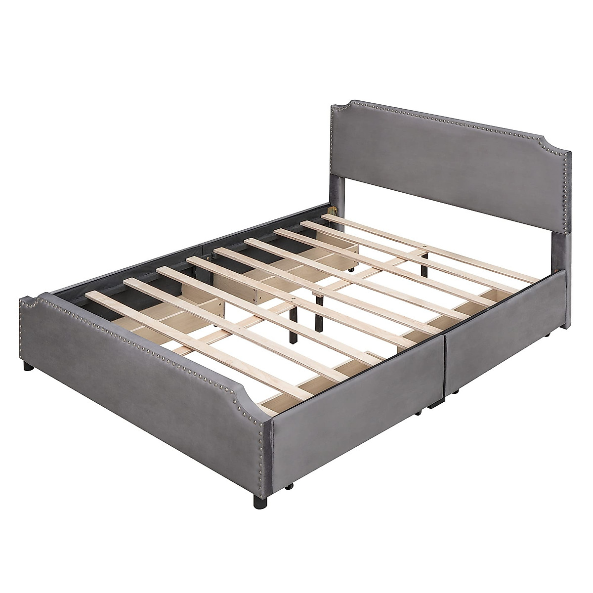BIADNBZVelvet Queen Size Platform Bed Frame with Stud Trim Headboard and Footboard,4 Drawers for Bedroom/Guestroom,No Box Spring Needed,Gray