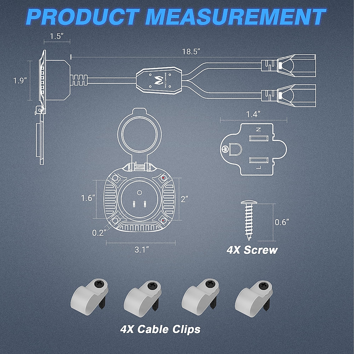 MICTUNING 15Amp 250V AC Port Plug with Heavy Duty Integrated Dual 20" Extension Cord Y Splitter Cable and Water-Resistant Spring-loaded Cover - Black