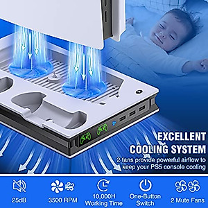 PS5 Stand with 2 Cooling Fan, Dual Fast PS5 Controller Charging Station with 3 Extra USB Ports, PS5 Cooling Station PS5 Accessories Vertical Stand for Sony Playstation 5 Dualsense/Digital/Disc Edition