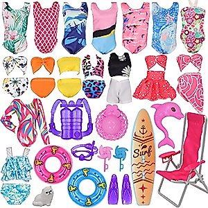 EuTengHao 36Pcs Girl Dolls Clothes Swimsuit Bikini for 11.5 inch Girl Dolls, Doll Bikini and Accessories with Diving Swimming Set Lifebuoys Beach Chair Skateboard Dolphins