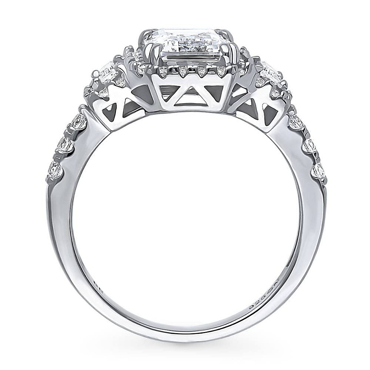 BERRICLE Sterling Silver 3-Stone Wedding Engagement Rings Step Emerald Cut Cubic Zirconia CZ Halo Ring for Women, Rhodium Plated Size 9