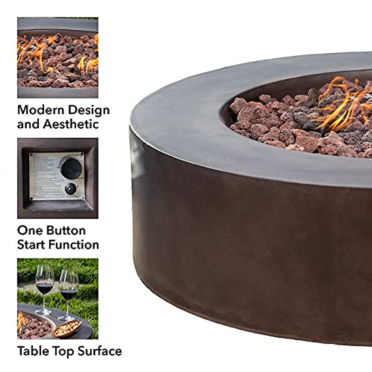 Propane Fire Pit - Outdoor Patio - Fire Pit Table - Stainless Steel Burner Patio Heater with Lava Rocks and Cover - 42" Round - Dark Brown 50,000 BTU - by Royal Garden