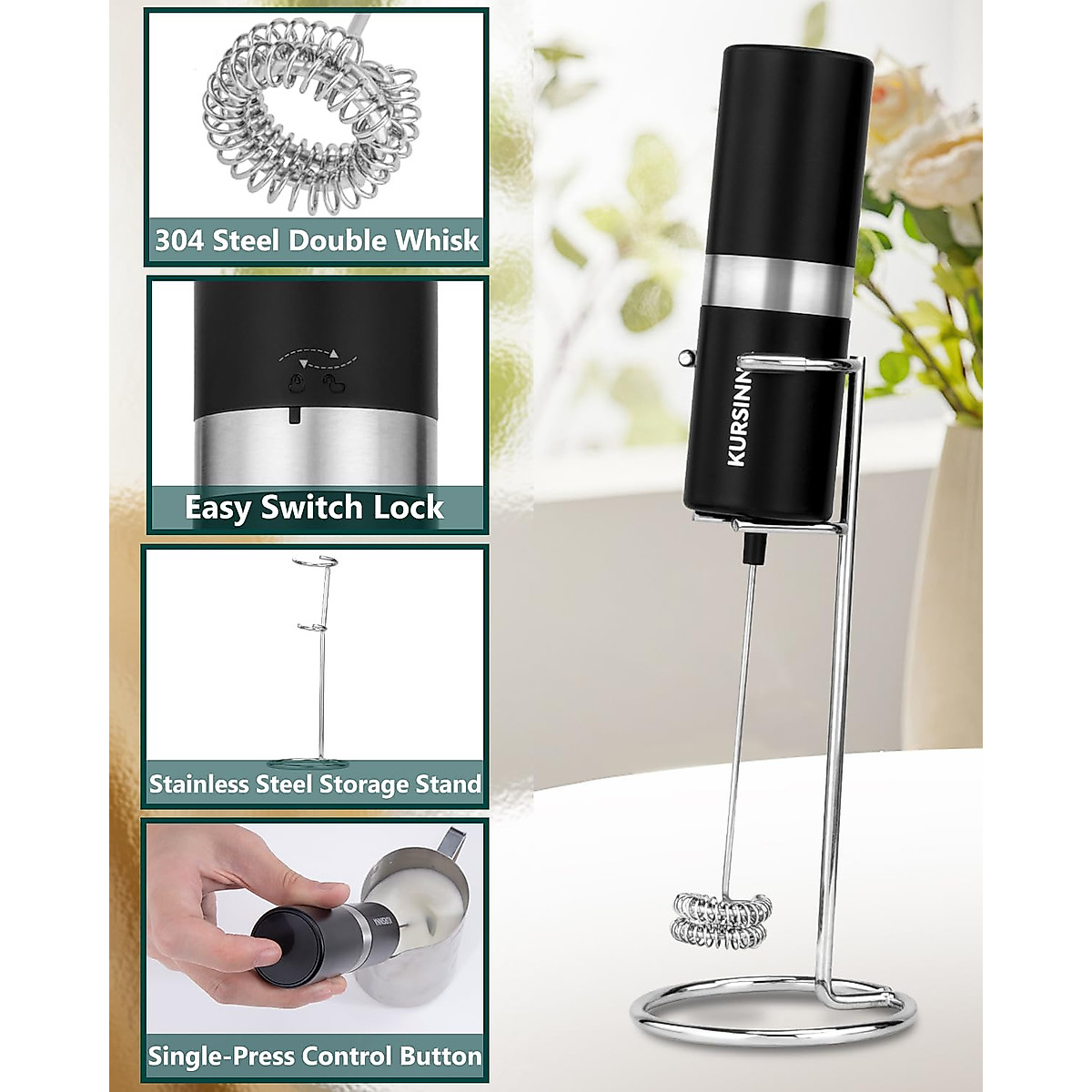 KURSINNA Powerful Milk Frother Handheld Battery Operated, Double Whisk Foam Frother Maker with Stainless Steel Stand, Drink Mixer For Coffee, Lattes, Matcha, Cappuccino (13000RPM Battery Operated)