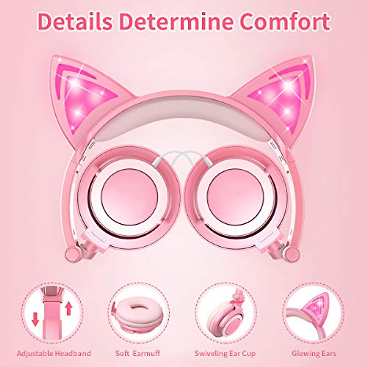 esonstyle Cat Ear Headphones for Kids, Wired Kids Headphones with LED Light Up, 85dB Volume Limited, Foldable 3.5mm Jack Headphones for School/Travel/iPad/Tablet (Peach)