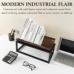 MyGift Rustic Burnt Solid Wood Tabletop Book Holder Rack with Industrial Black Metal Frame, Desktop Tilted Bookcase Reading Book Storage Organizer