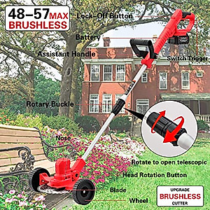 Brushless Electric Weed Wacker 57 Inch 750W Lightweight Push Brush Cutter 6A Battery Powered 9 Inch Metal Circular Saw Blade, 1 Straight Blade and 12 Inch Cutting Swath for Garden Yard Dense Weeds