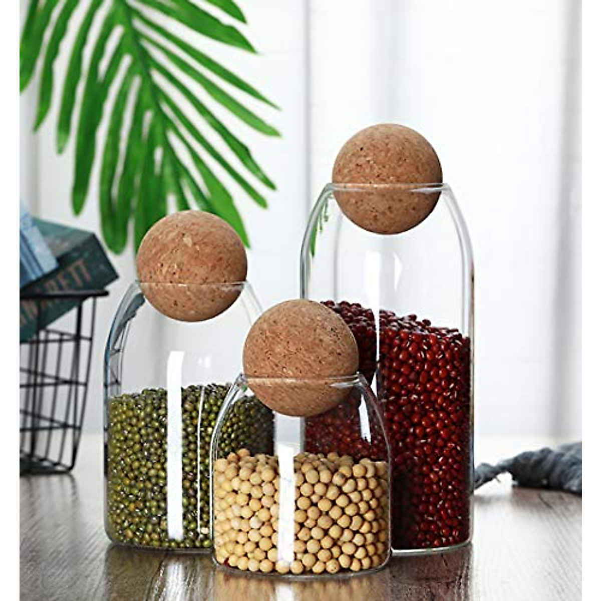 MOLFUJ 550ML/18Oz Glass Storage Container with Ball Cork, Cute Decorative Organizer Bottle Canister Jar with Air Tight Wood Lid for Food, Coffee, Candy, Bathroom Apothecary Cotton Swab Qtip Holder