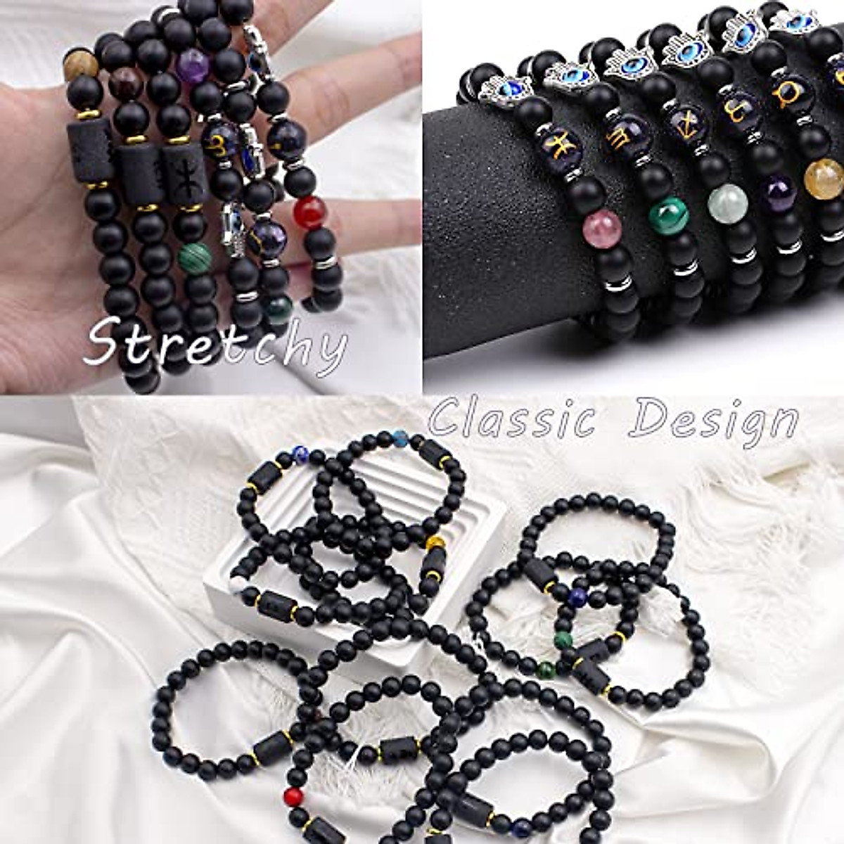 Yomlry 2Pcs Zodiac Bracelet 8MM Beaded Evil Eye Bracelet Spiritual Healing Crystal Bracelet for Women Men 12 Constellation Bracelet Zodiac Sign Horoscope Gift Hamsa Protection Couple Bracelet Set,