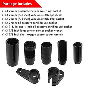 7PCS Oxygen Sensor Socket 22mm (7/8 in), 27mm, 29mm fits All Vehicle O2 Removal and Installation Universal Puller and Removal Tool