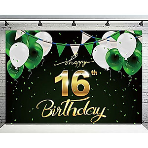 Happy 16th Birthday Black Banner Backdrop Background Photo Booth Props Green White Balloons Theme Decor for Sixteenth Year Anniversary 16 years Old Birthday Party Favors Supplies Decorations