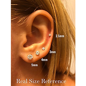 14k White Gold Solitaire Round Tint Cubic Zirconia Small CZ Stud Earrings with 14k Gold butterfly Push-backs (3mm)