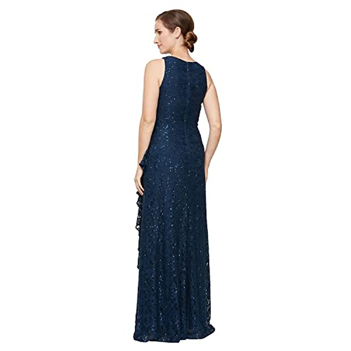 Alex Evenings Women's Long Sleeveless Cascade Ruffle Detail Dress with Front Slit, Navy Sequin, 14