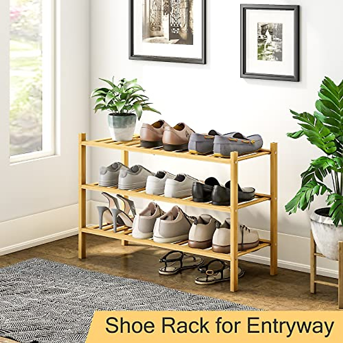 Furshus 3-Tier Bamboo Shoe Rack for Entryway, Stackable | Heavy Duty | Multi-Function, Free Standing Shoe Racks for Bedroom Hallway Closet