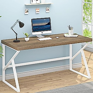 HSH Farmhouse Desk, Modern Home Office Desk, Student Desk for Bedroom Computer Table, Rustic Wood and Metal PC Laptop Computer Desk, Simple Writing Study Gaming Desk Executive Workstation, 55 Inch