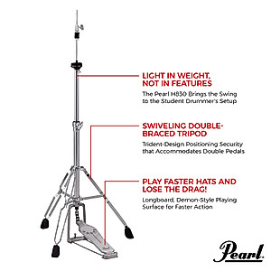 Pearl H830 Hi-Hat Stand, Demonator Style Long Footboard and Swivel Legs