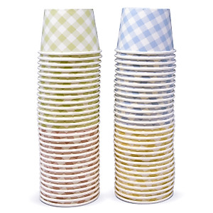 60 Count Pastel Gingham Ice Cream Treat Snack Cups 10 Oz. Disposable Paper Cup Dessert Ices Bowl Pink Blue Yellow Green Checkered Plaid For Frozen Treats Cupcake BBQ Picnic Party Favor Supplies