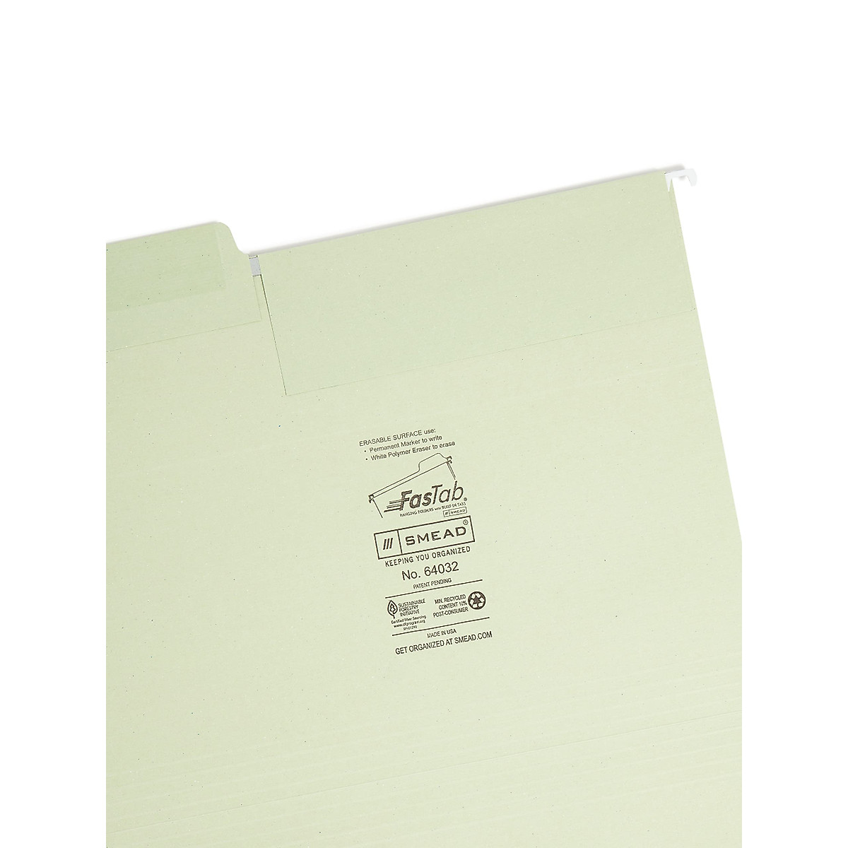 Smead Erasable FasTab Hanging File Folder, 1/3-Cut Built-in Tab, Letter Size, Moss, 20 per Box (64032)