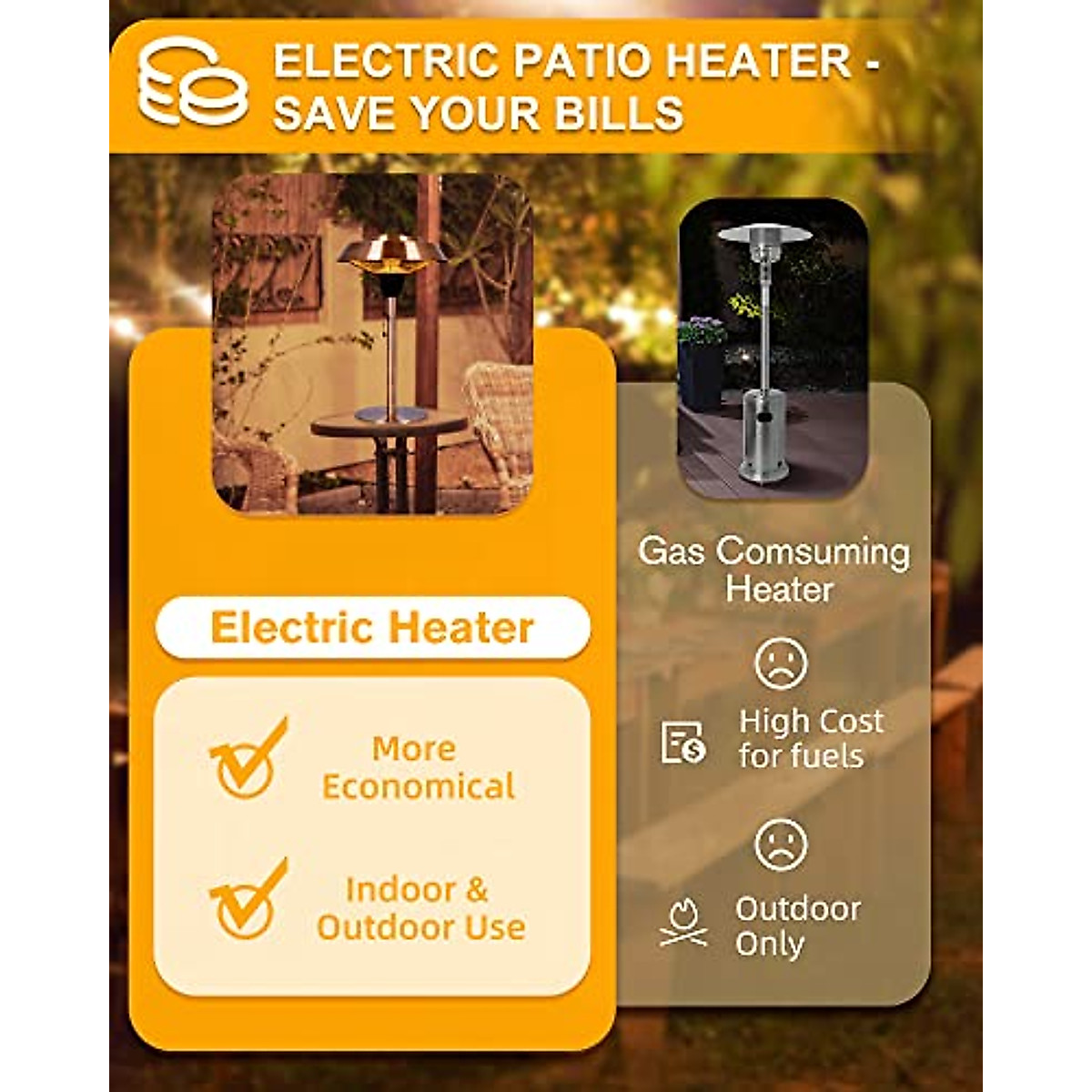 Star Patio Electric Patio Heater, Outdoor Heater, 1500W Infrared Heater with Brush Copper Finished, Tip-Over Protection, Electric Tabletop Heater, IP44 Waterproof, STP1566-CT-B