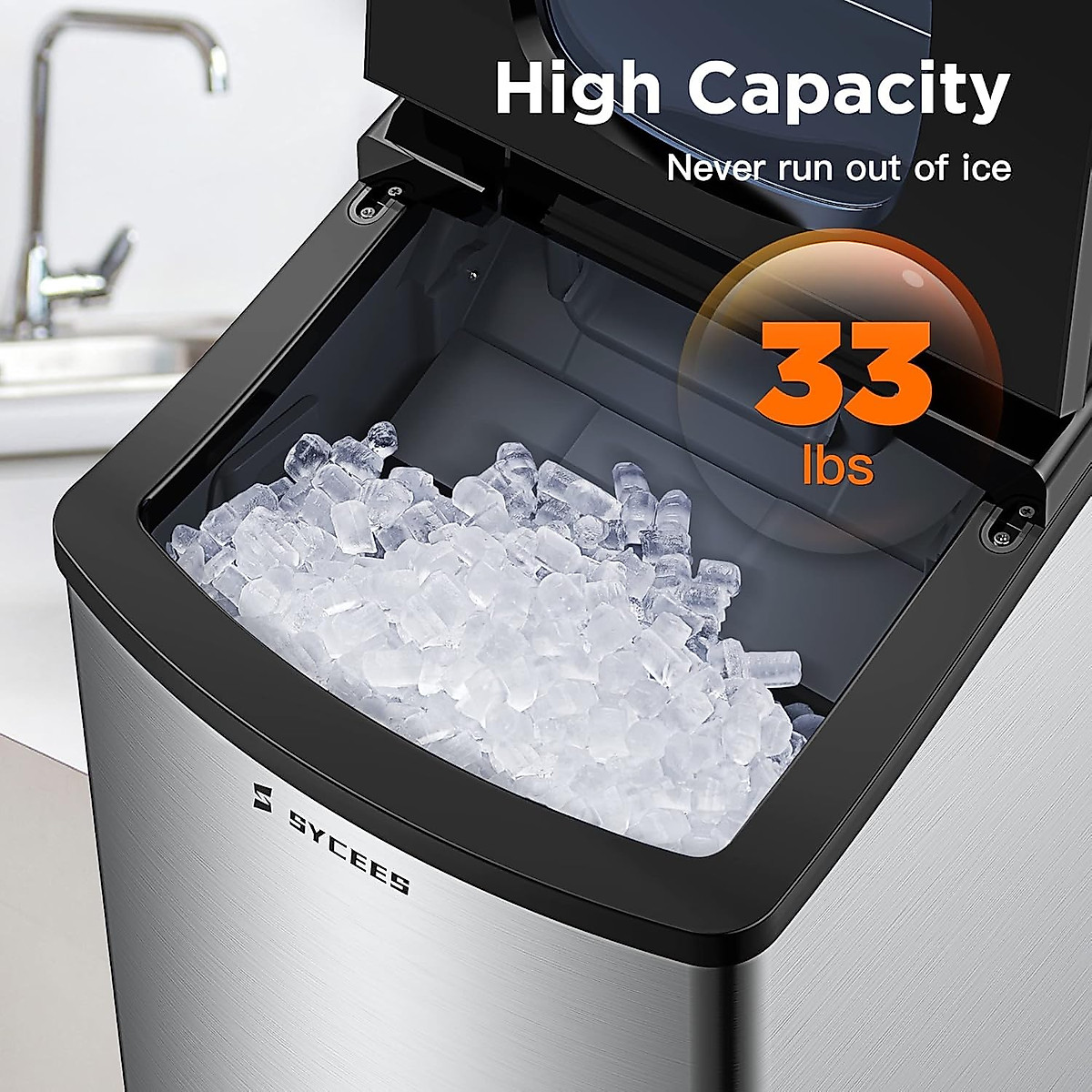 SYCEES Nugget Ice Maker for Countertop, 33lbs/24h, Sonic Ice Ready in 10 Mins, 5lbs Ice Storage, Self-Cleaning Function, Touch Control, Stainless Steel Pellet Ice Machine for Home Kitchen, Bar, Office