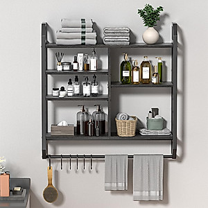 Nidouillet Gaming Floating Shelves, Large LED Wall Mounted Display Shelf, Adjustable Hanging Pipe Shelf Bookshelf with Lights 6 Hooks for Game Living Room Bedroom Coffee Bar Kitchen Decor Black