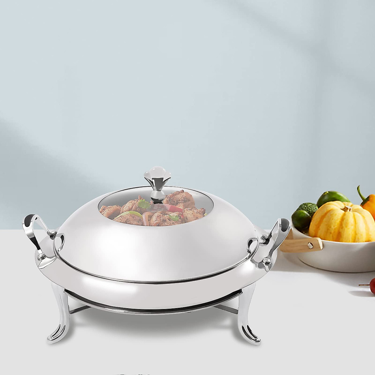 Chafing Dish Buffet Set, Stainless Steel 3L//3.17Q Adjustable Fire Chafing Dish, 28cm Round Chafer Buffet Catering Warmer Set with Anti-Scalding Carry Handles for Parties, Graduation, Events (Silver)