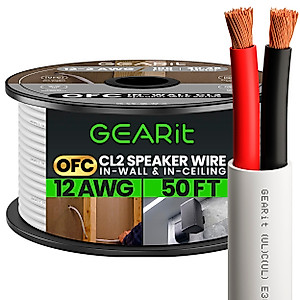 GearIT 12/2 Speaker Wire (50 Feet) 12AWG Gauge - in Wall Audio Speaker Wire Cable / CL2 Rated / 2 Conductors - OFC Oxygen-Free Copper, White 50ft
