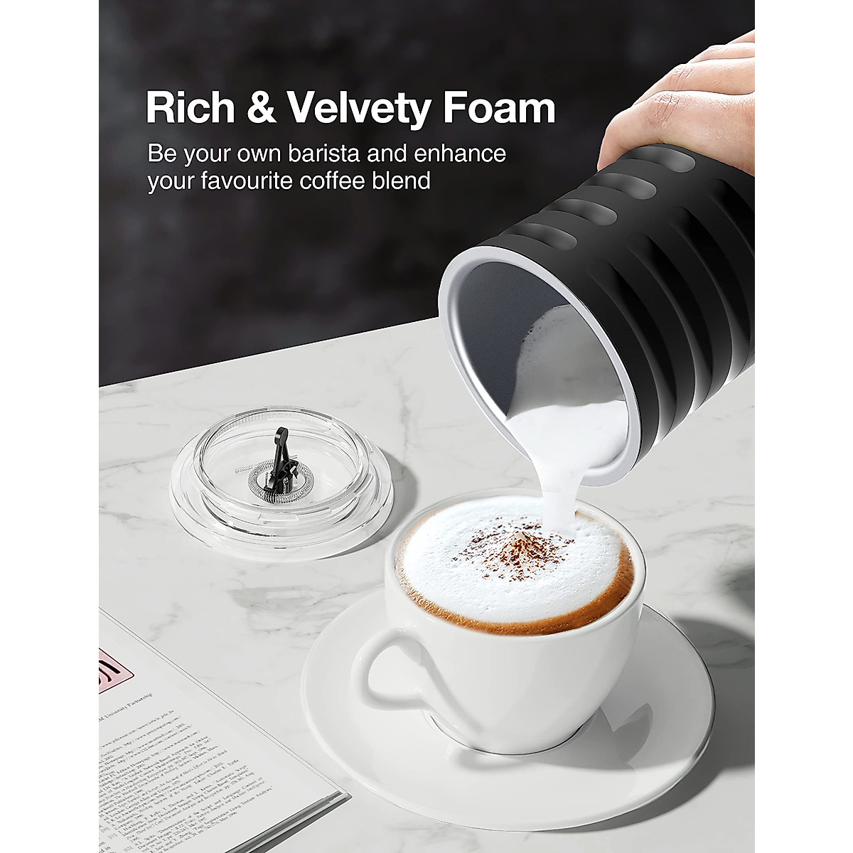 Milk Frother, Paris Rhône Milk Frother and Steamer for Hot and Cold Foam, 4-in-1 Electric milk frother for coffee, Quiet Milk Steamer with Auto Shut OFF, Milk Warmer for Latte, Cappuccino, Macchiato