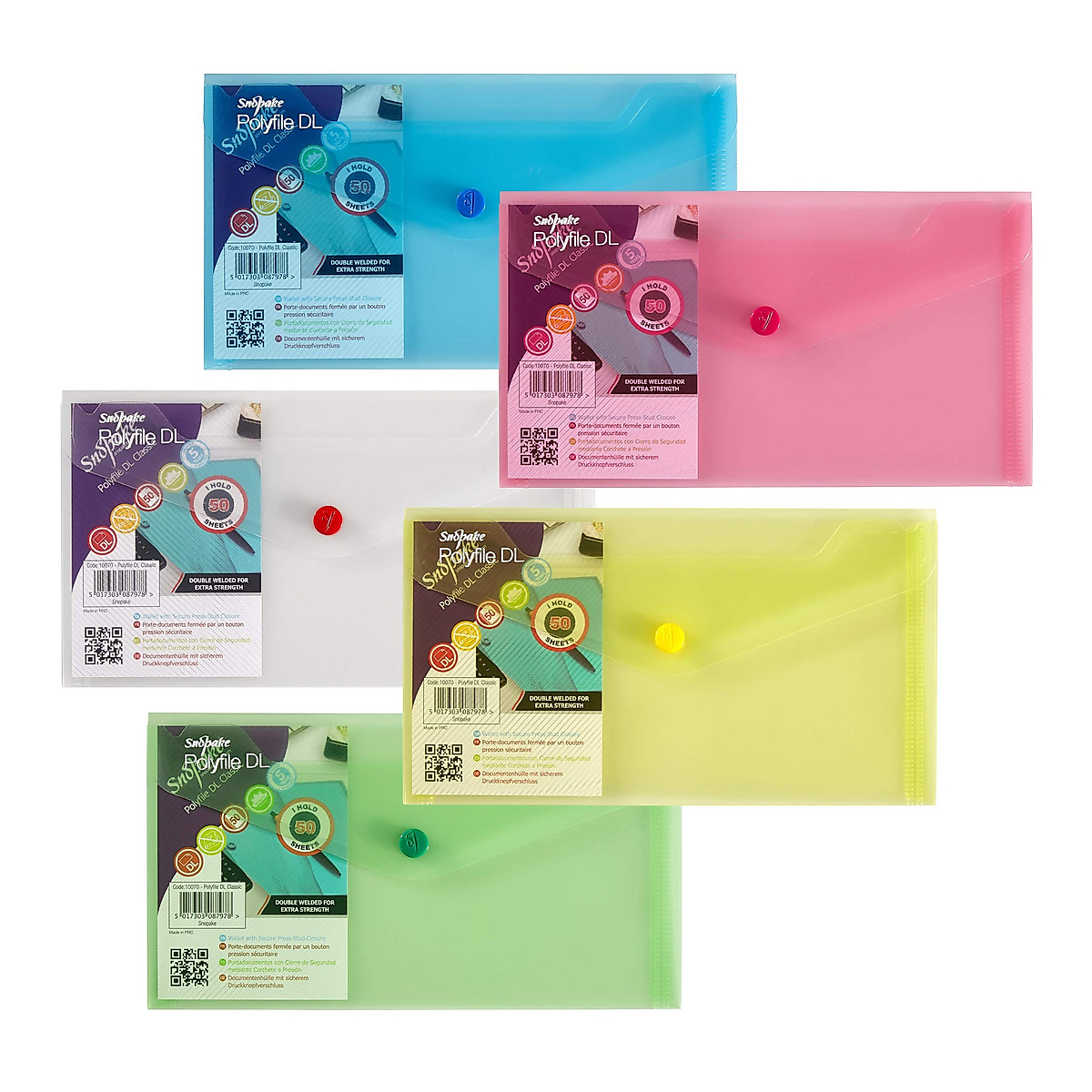 Snopake DL Polyfile Popper Wallet with Press Stud Closure – Classic Assorted [Pack of 5] Ref: 10070