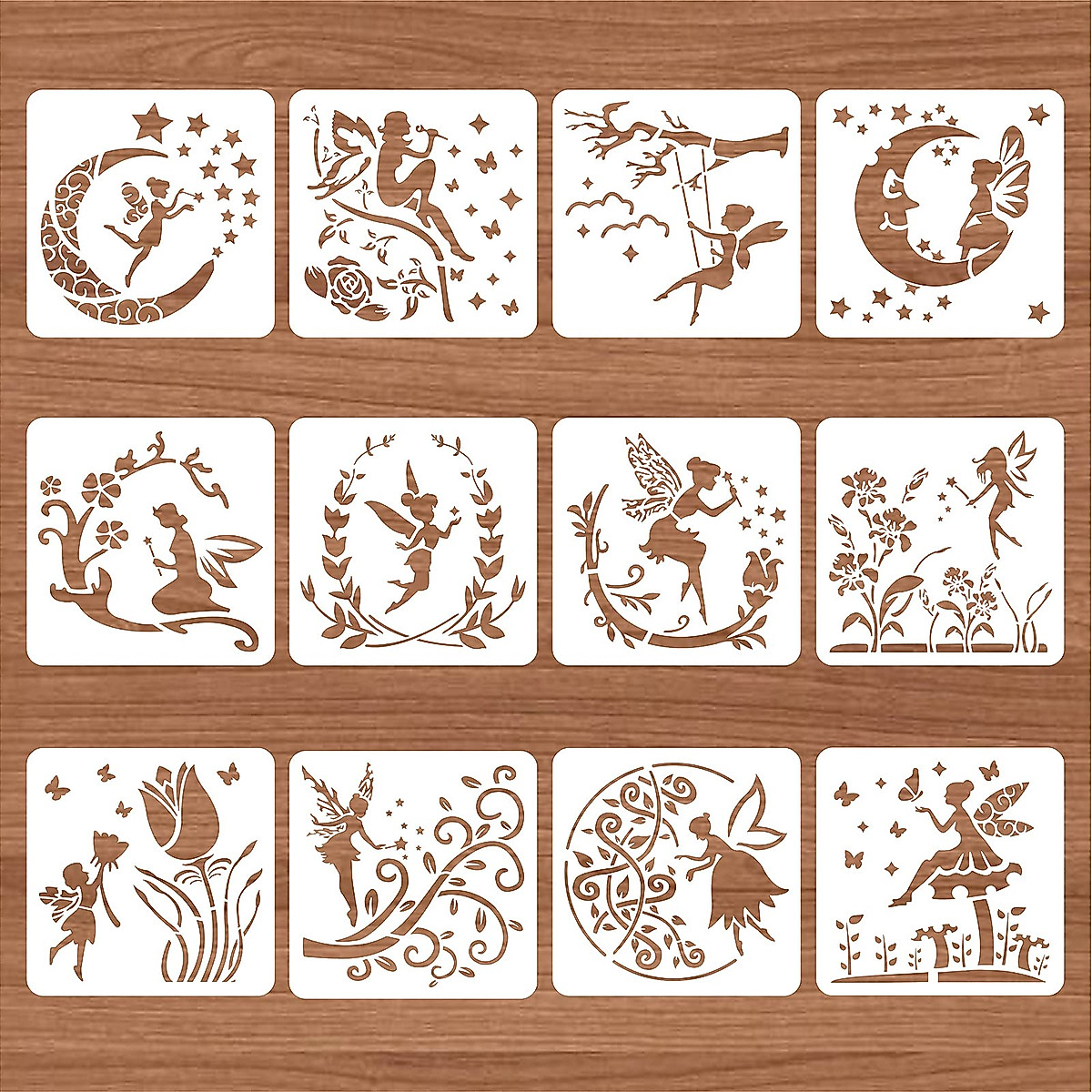 BENECREAT 12PCS Plastic Drawing Templates 12x12 Inches Angel & Fairy Moon Flowers Pattern Painting Template Stencil for Scrabooking Card Making, DIY Wall Floor Decoration