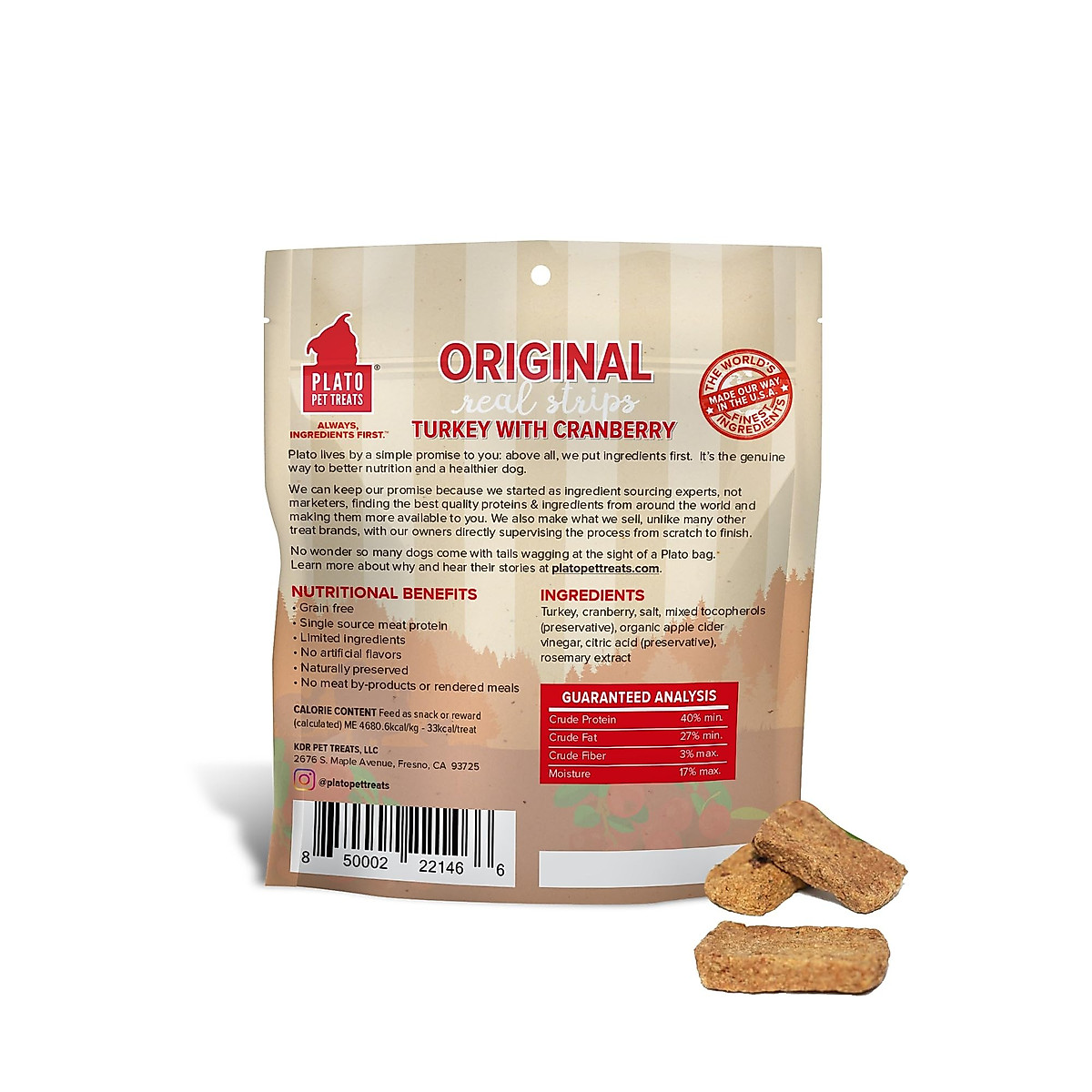 PLATO Turkey Real Strips Natural Dog Treats - Real Meat - Air Dried - Made in the USA - Turkey & Cranberry, 3 ounces