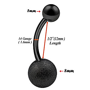 bodyjewellery 2pcs 14g Black Belly Button Ring Studs Piercing Navel Hoop Bar Earring Jewelry Banana Non Dangle Frost Ball D4HCS - 12mm